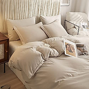 VClife Duvet Cover Washed Microfiber Cream Beige Tan Khaki Quilt Cover Sets Queen Size 3 Pieces Tan Solid Color Bedding Sets (1 Queen Beige Duvet Cover and 2 Pillow Shams)