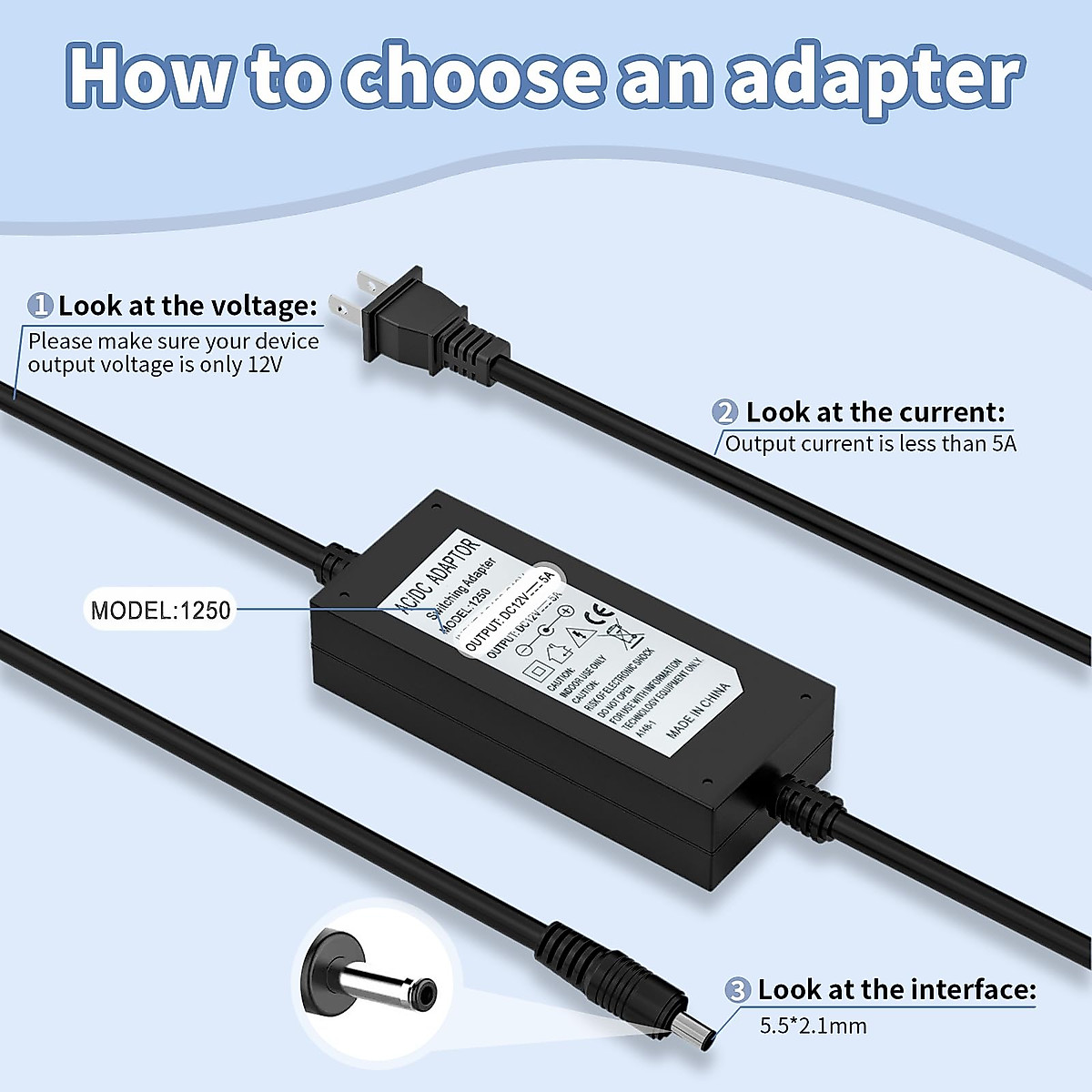 12V 5A Power Supply, Waysse Power Supply Adapter, AC DC Converter 100-220V to 12 Volt 5 Amp Transformer 5.5x2.1mm Plug for LED Strip Light DVR NVR Security Cameras System CCTV Accessories