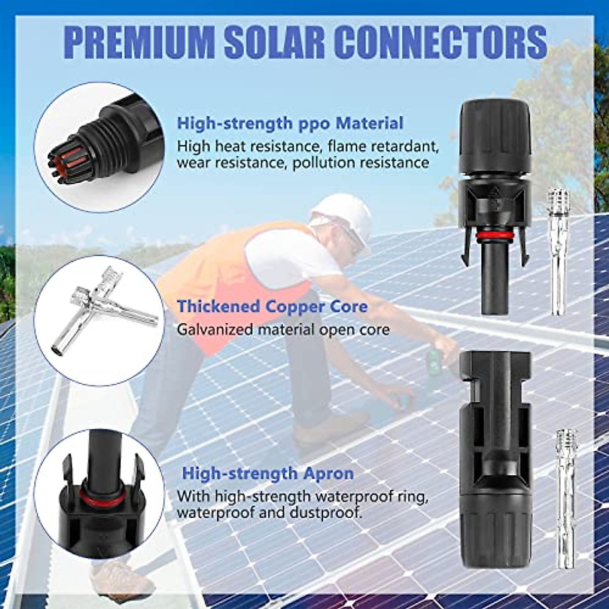 PRECIHW 40PCS Solar Panel Connectors, Male/Female Multi-Contact 4 Solar Connectors, IP67 1000V 30A Waterproof Solar Panel Cable Connectors (20 Pairs Solar Connectors with 2 Pack Wrench)