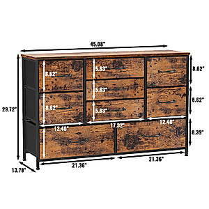 Furnulem Wide Dresser with 9 Large Drawers for 55'' Long TV Stand Entertainment Center,Wood Shelf Storage for Bedroom,Living Room,Closet,Entryway,Sturdy Metal Frame (Rustic Brown