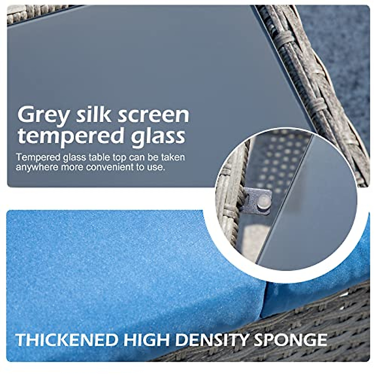 Patio PE Wicker Furniture Set 4 Pieces,All Weather Patio Conversation Sets of 2 Single Sofas,1 Loveseat and Tempered Glass Table Top,Outdoor Chat Set Conversation Set for Backyard Yard,Garden (Blue)