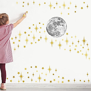 Moon and Stars Wall Decal Moon Wall Sticker Gold Star Decals Peel and Stick Wall Stickers Mural for Kids Baby Room Nursery Wall Decor Vinyl Star for Ceiling Wall Decals for Bedroom Playroom Decoration