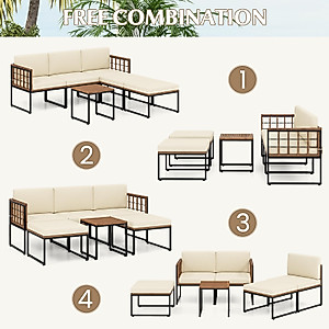 Tangkula 6 Pieces Acacia Wood Patio Furniture Set, Patiojoy Outdoor Sectional Conversation Sofa Set with Cushions, Coffee Table and Ottomans, Patio Seating Sofas for Garden, Poolside, Backyard (Beige)