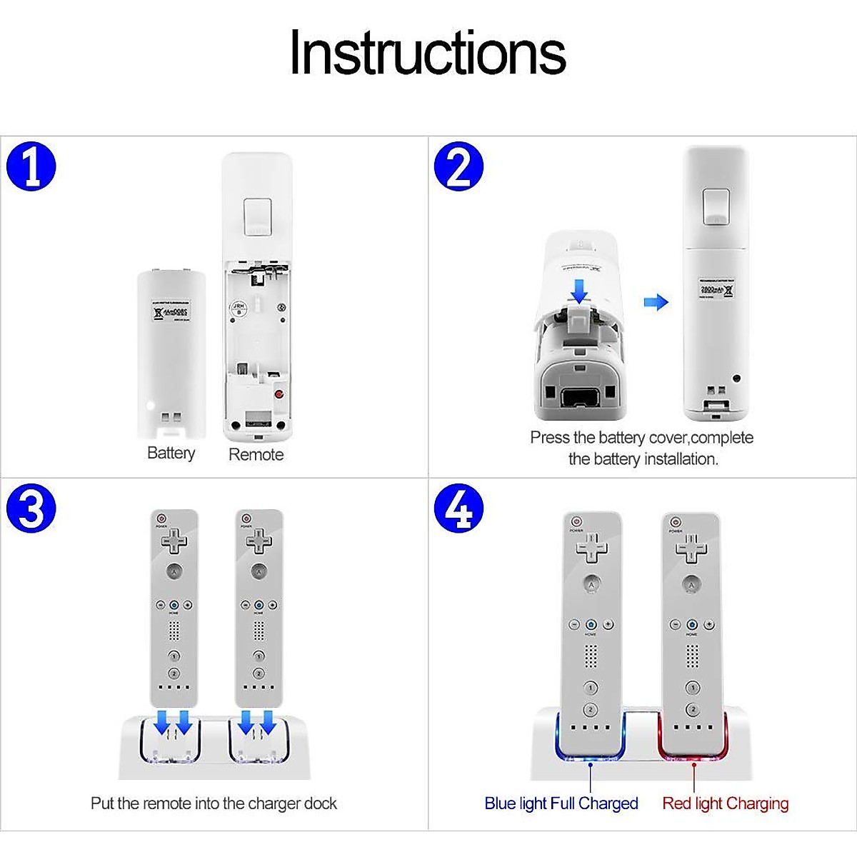 Wii Charging Station, Dual Charger Dock with Two Rechargeable 2800mAH Batteries for Wii Remote Controller(White)
