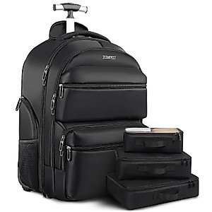 ZOMFELT Rolling Backpack, 17.3 inch Laptop Backpack with Wheels, Waterproof Travel Backpack for Women Men with 3 Portable Packing Bags, Large Business Carry on Bag for Travel Work College, Black