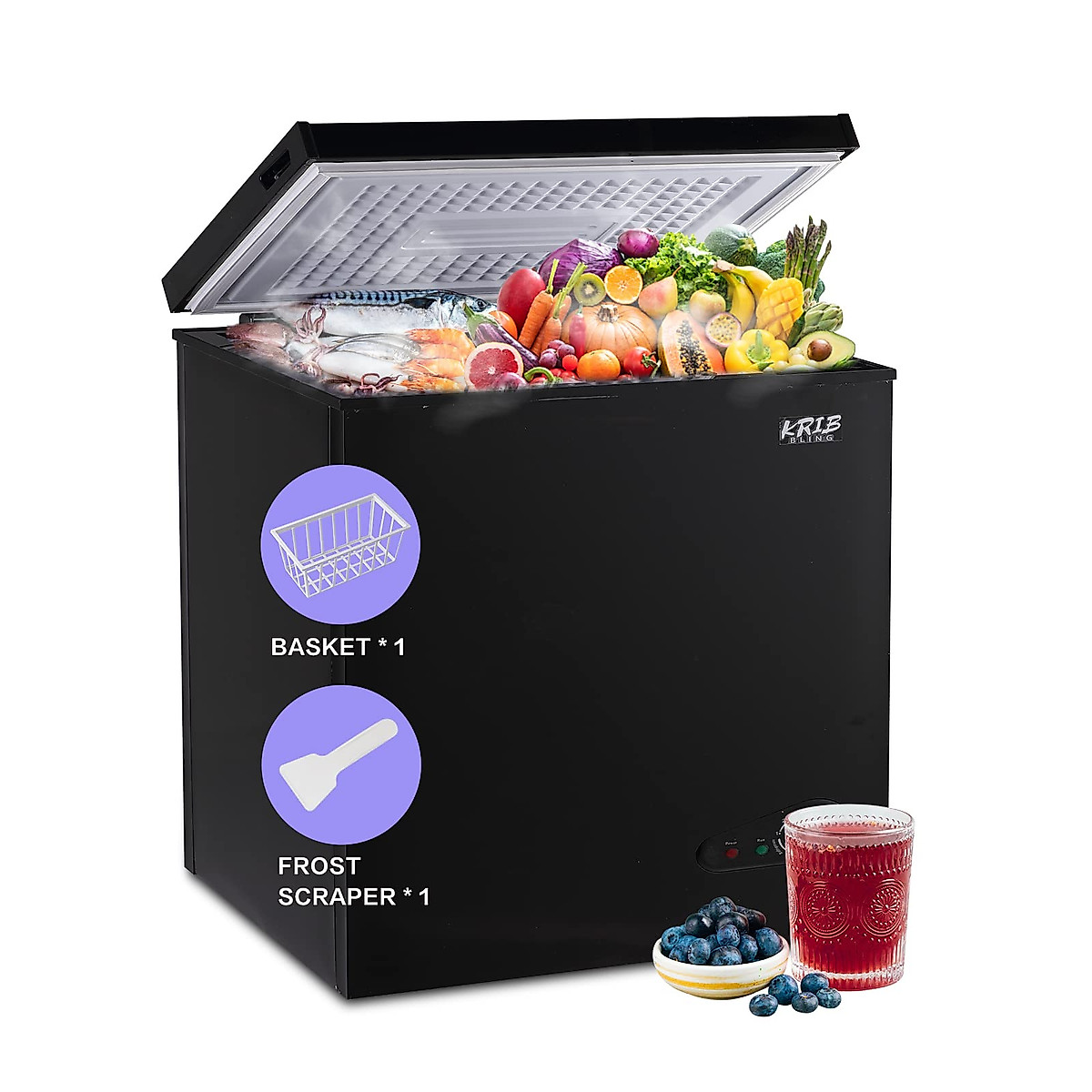 Krib Bling 7.0 Cu.Ft Chest Freezer Two Removable Basket, Deep Compact Freezer with 7 Gears Temperature Control(-4°F to 6.8°F), for House, Kitchen, Garage, Basement, Shop, Black