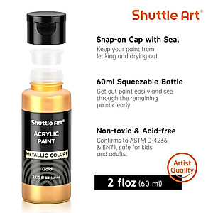 Shuttle Art 30 Colors Metallic Acrylic Paint, Metallic Acrylic Paint with 10 Brushes and 1 Palette, 60ml/2oz, Rich Pigments, Non-Toxic Art Paint for Artists, Beginners on Rocks Canvas Wood Fabric