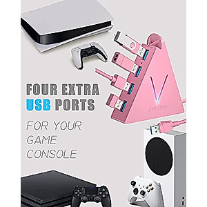 JoyReken 4-Port USB 3.0 Hub, FlyingVHUB Vertical Data USB Hub with 2 ft Extended Cable, for Mac, PC, Xbox One, PS4, PS5, iMac, Surface Pro, XPS, Laptop, Desktop, Flash Drive, Mobile HDD(Pink)