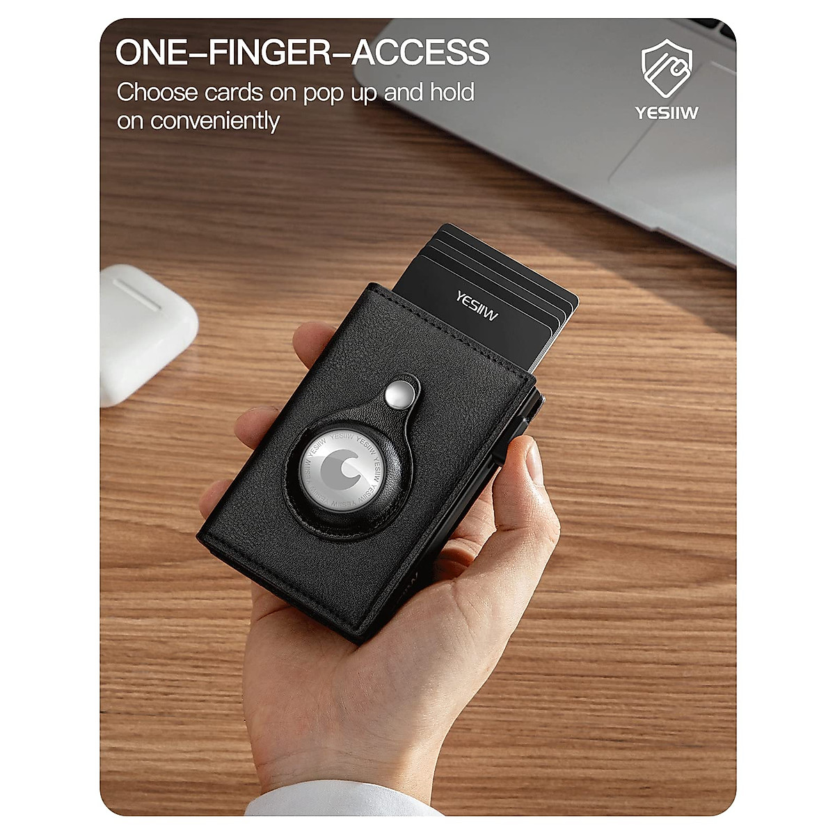 YESIIW AirTag Wallet for Men - RFID Protected, Premium Space Aluminum and Quality Leather, Black