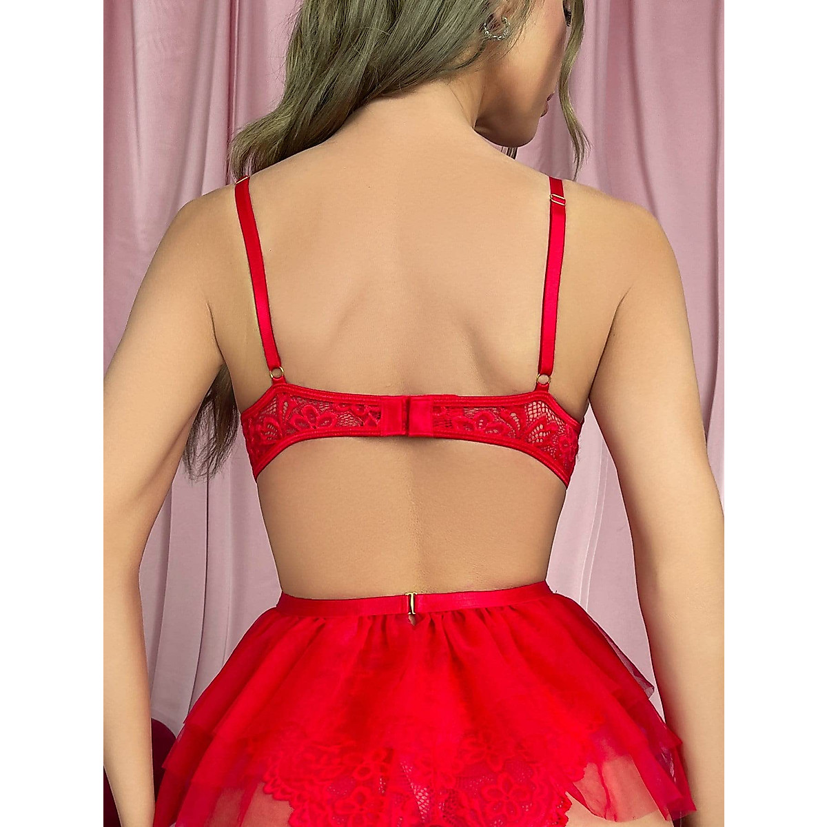 WDIRARA Women's Floral Embroidery Mesh Split Cut Out Babydoll Lingerie Slip Dress Lace Red S