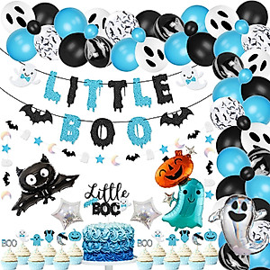 92 Packs Blue Black Little Boo Party kit Little Boo Banner Cake Topper Halloween Ghost Bat Balloons for Blue and Black Halloween Boy Baby Shower Decorations