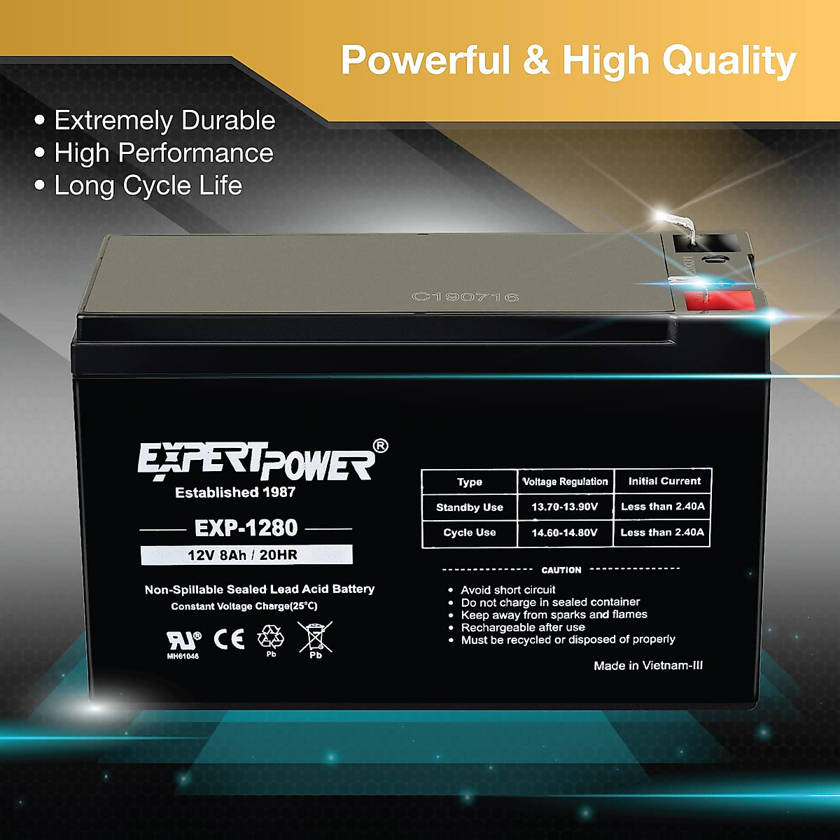 ExpertPower® 12V 8AH Sealed Lead Acid (SLA) Battery Replacement for APC Back-UPS ES 550VA Back-UPS Pro 1300/1500 Liftmaster CSL-24VDC Slider Gate Opene - F2 Terminals