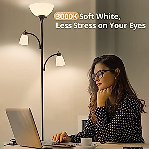 LEDIARY 72" Floor Lamp, Modern Torchiere Floor Lamp with 2 Adjustable Reading Lamp, 8W 3000K 750LM (3 Bulbs Included) Standing Lamp, Black Floor Lamps for Living Room, Bedroom, Office