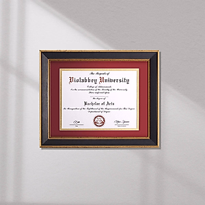 VIOLABBEY 8.5x11 Diploma Frame Black, 8.5 x 11 Certificate Frame with Mat or 11x14 College Degree Frames without Mat, Wall or Tabletop Display, Tempered glass (Red Gold Double Mat)
