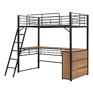 Twin Size Metal Loft Bed with L-Shaped Desk,Heavy Duty Metal Loft Bed with 3 Tier Shelves for Kids Teens Adults,High Loft Bed Frame, Space Saving(Twin,Black)