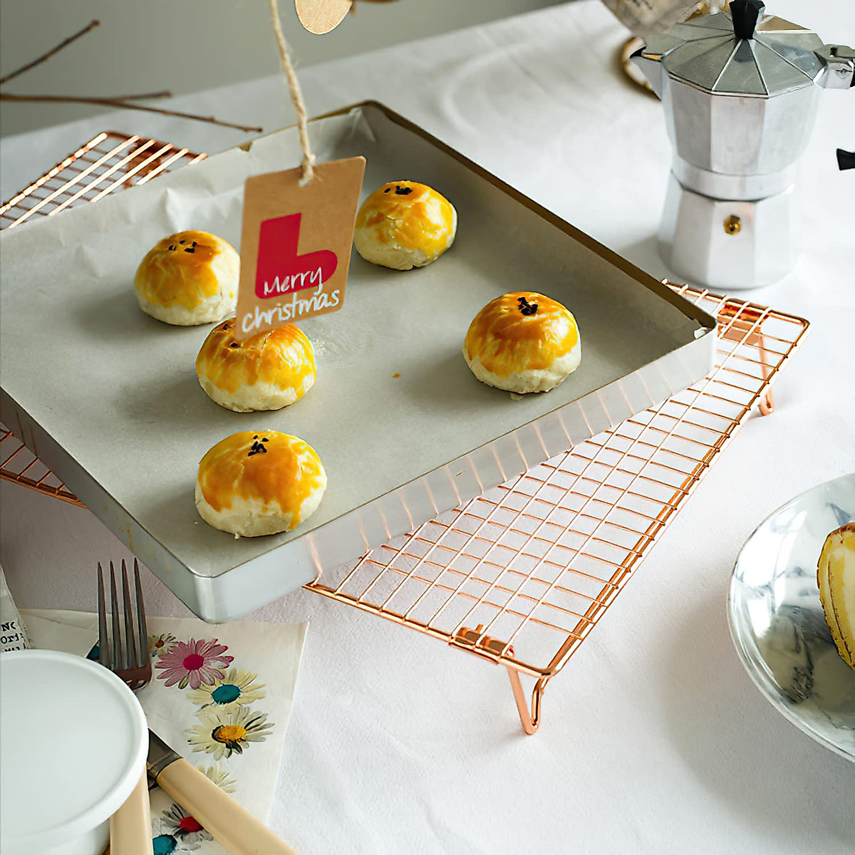 Kingrol 2 Pack Stainless Steel Cooling Racks with Collapsible Folding Legs, Stackable Grid Wire Racks for Cooking and Baking, Rose Gold