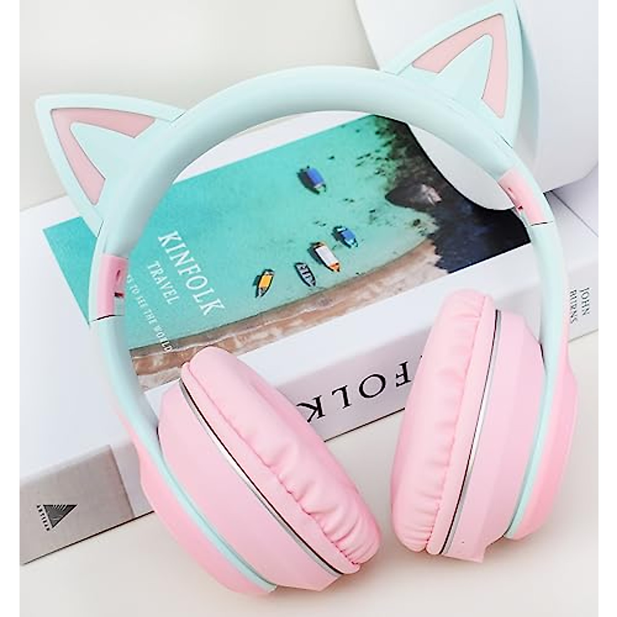 Hilifix Bluetooth Headphones Over Ear, LED Light Up Cat Ear Kids Headphones, Foldable Stereo Headphones Wireless Wired Headphones with Microphone for School/Study/Travel/PC/iPhone/iPad (Pink+Green)