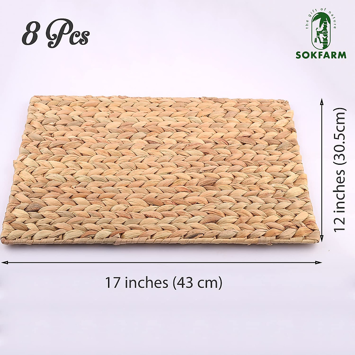 SOKFARM Boho Placemats Set of 8, Rectangle Placemats for Dining Table, Water Hyacinth Wicker Placemats, Straw Placemats Rectangle Woven Placemats Set of 8, Placemats for Dining Table Set of 8, 17x12