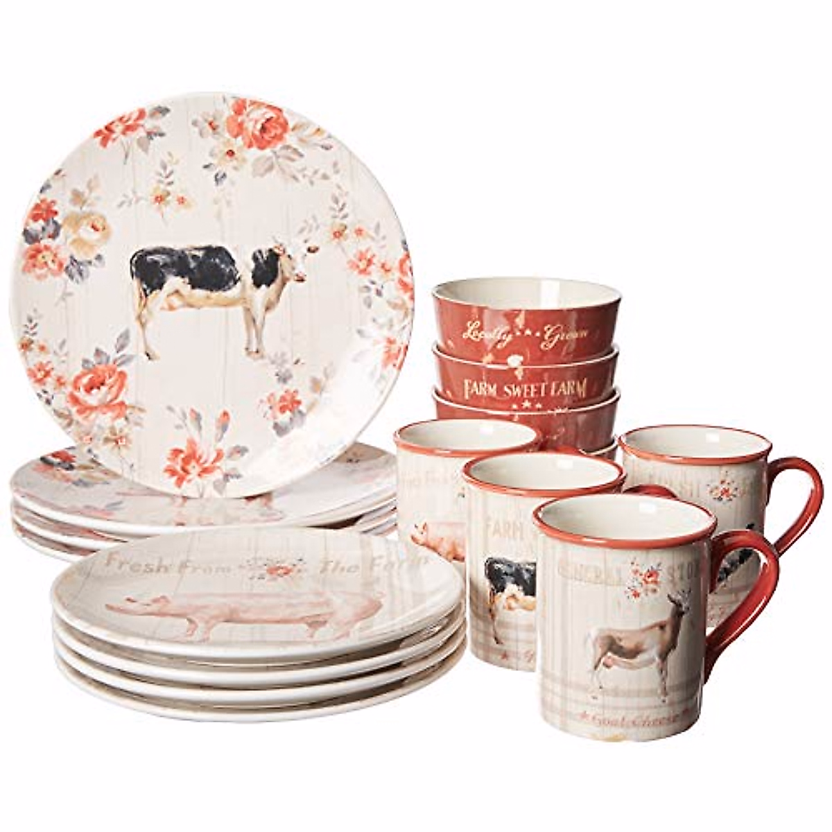 Certified International Farmhouse 16 pc Dinnerware Set, Multicolored, 10.75 Inches, Service for 4