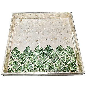 14 Inch Green Beige Mother of Pearl Tray, Large Lacquer Serving Tray with Handles and 2 Inch Wall, Square Shell Ottoman Coffee Table Tray, Decorative Bone Inlay Tray for Food, Accent, S, I-lan (35cm)
