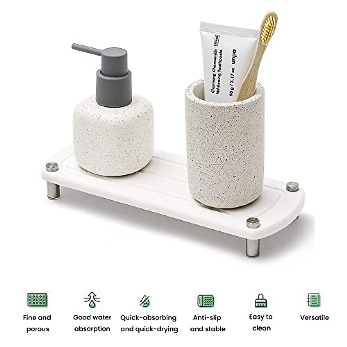 heylad home sink caddy, instant dry kitchen bathroom sink organizer, diatomaceous earth sink tray stone for soap and water bottle sponge brush candle decoration, white*1 grey*1