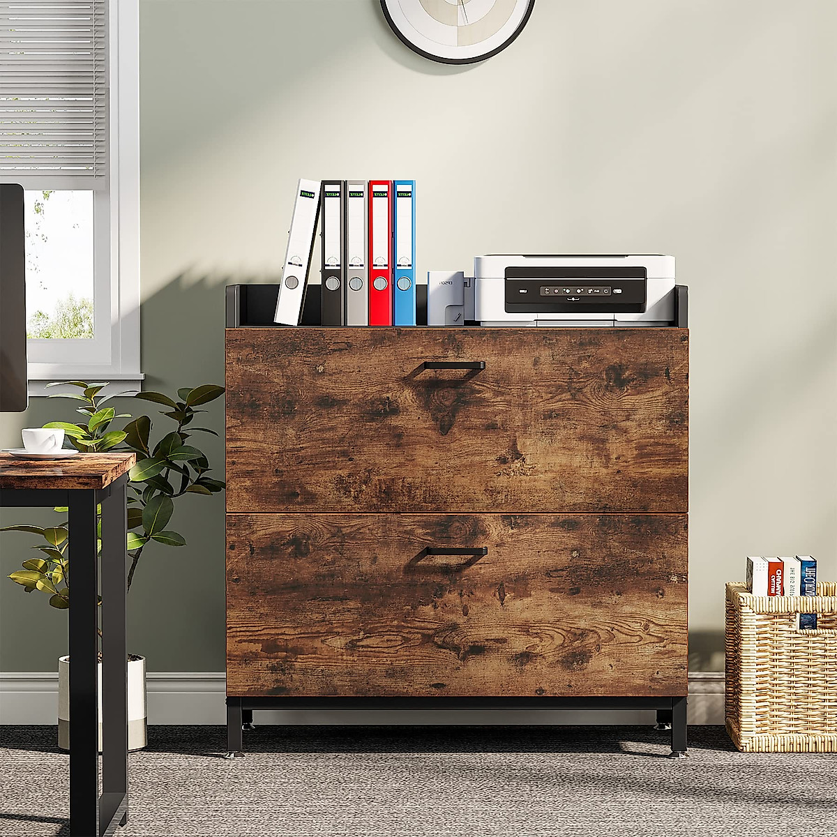 Tribesigns Lateral File Cabinets, 2 Drawer Filing Cabinets for Home Office, Industrial Wood Wide Filing Organization Storage Cabinets for Files Letter/Legal/F4/A4 Size(Rustic Brown)