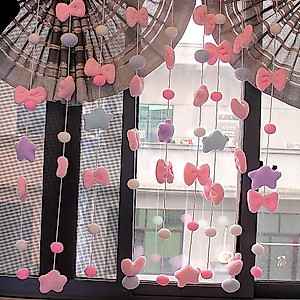 Kawaii Doorway Curtains Girls Bedroom Wall Hanging Decor Cute Fluffy Star Bowknot Pentacle Garland Door Strings Nursery Curtain for Baby Room (Adhesive Hook&Loop, Pink Star)