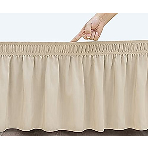 Biscaynebay Wrap Around Bed Skirts for Queen Beds 15" Drop, Light Camel Elastic Dust Ruffles with Adjustable Belts Silky Luxrious Fabric Machine Washable