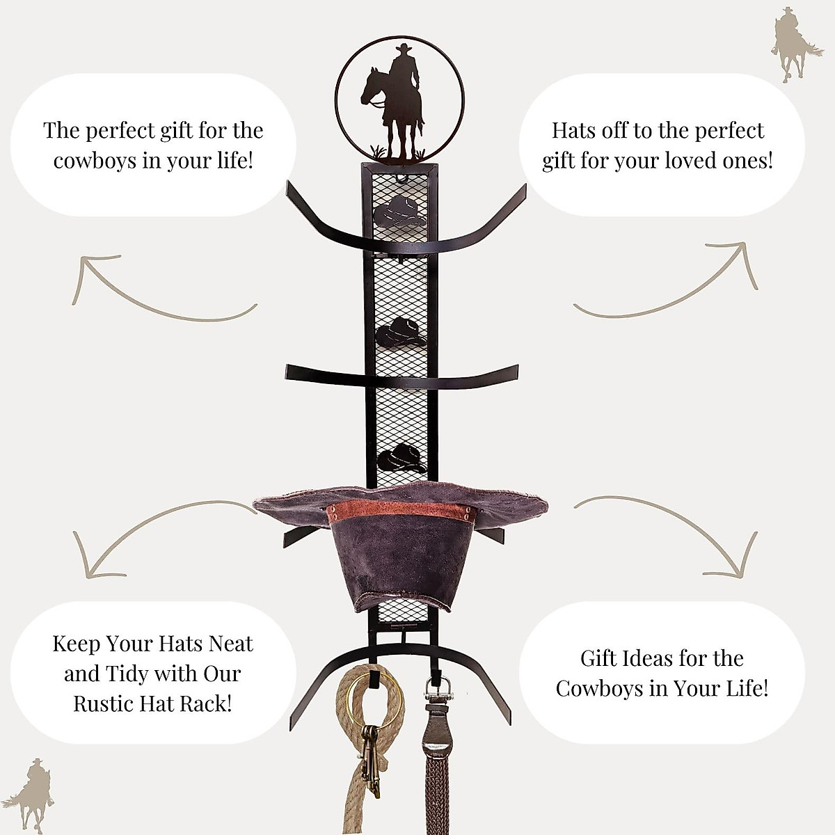 BestGiftEver Cowboy Hat Rack Wall Mount - Rustic Western Style Metal Hat Holder with 4 Slots - Country Cowboy Decor for Wall or Over Door, Ideal for Ranch and Rustic Home Style Enthusiasts