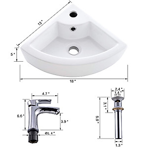 Wall Mount Small Corner Bathroom Sink and Faucet Combo with Overflow Triangle White Porcelain Ceramic Wall Hung Mini Vanity Space Bathroom sink, Faucet and Drain Combo