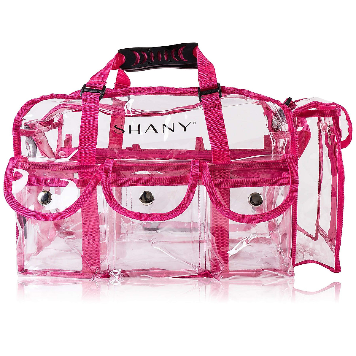 SHANY Clear PVC Makeup Bag - Large Professional Makeup Artist Rectangular Tote with Shoulder Strap and 5 External Pockets - PINK