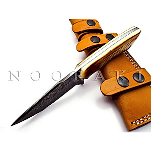 HK-326 Custom Handmade Damascus Steel Knife - Full Tang Fire Camel bone Handle, with Leather Sheath, Ideal Knife for Camping or everyday use