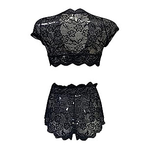 Lace Lingerie Set for Women Floral Lace Scalloped Trim Bra and Panty Underwear Outfits Women's Exotic Lingerie Sets Ladies Cap Sleeve Crop Tops with High Waist Underpants Panties 2 Piece Black