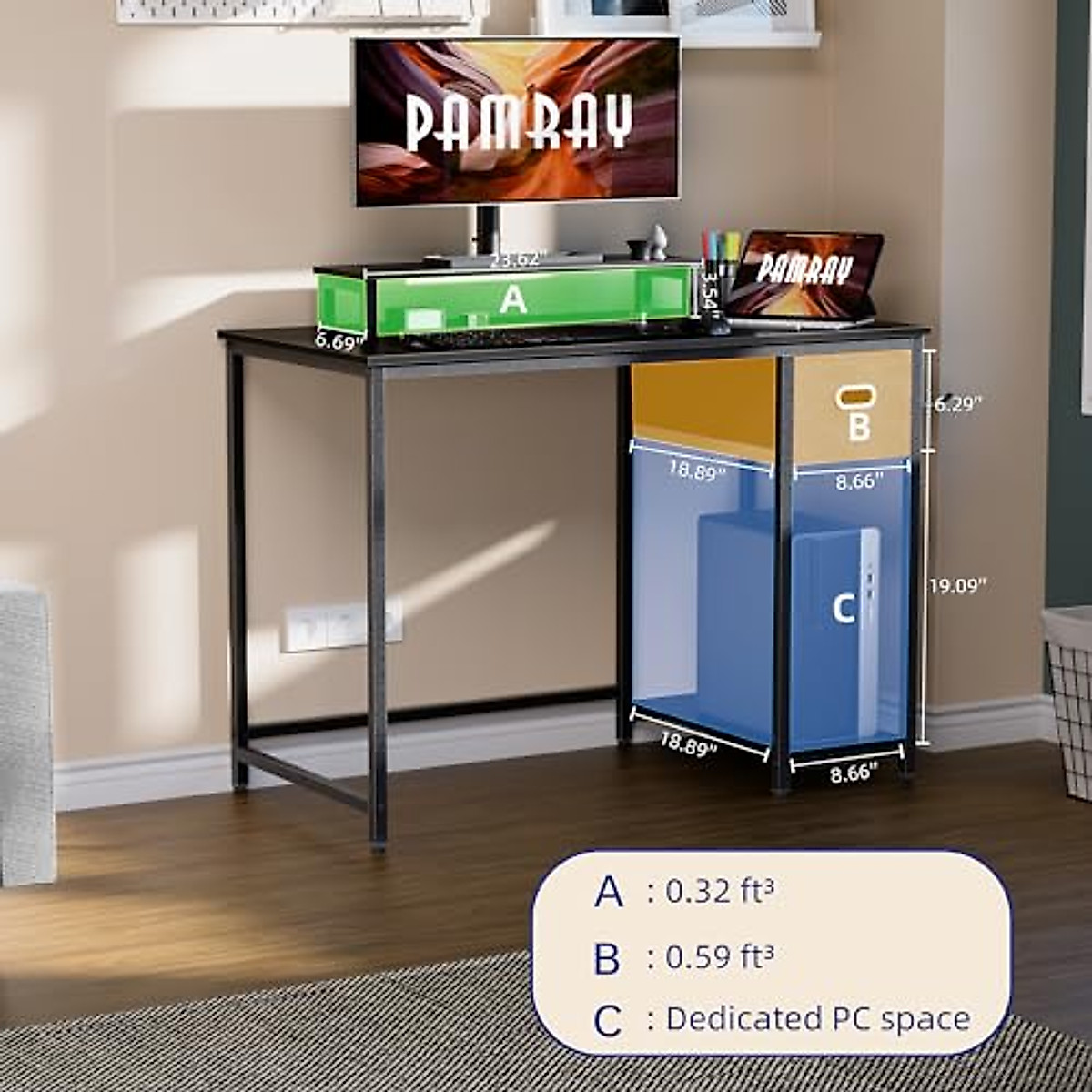 Pamray 32 Inch Computer Desk with Monitor Stand Small Home Office Desks with Non-Woven Storage Drawer for Bedroom Study Table Writing and Work Desk