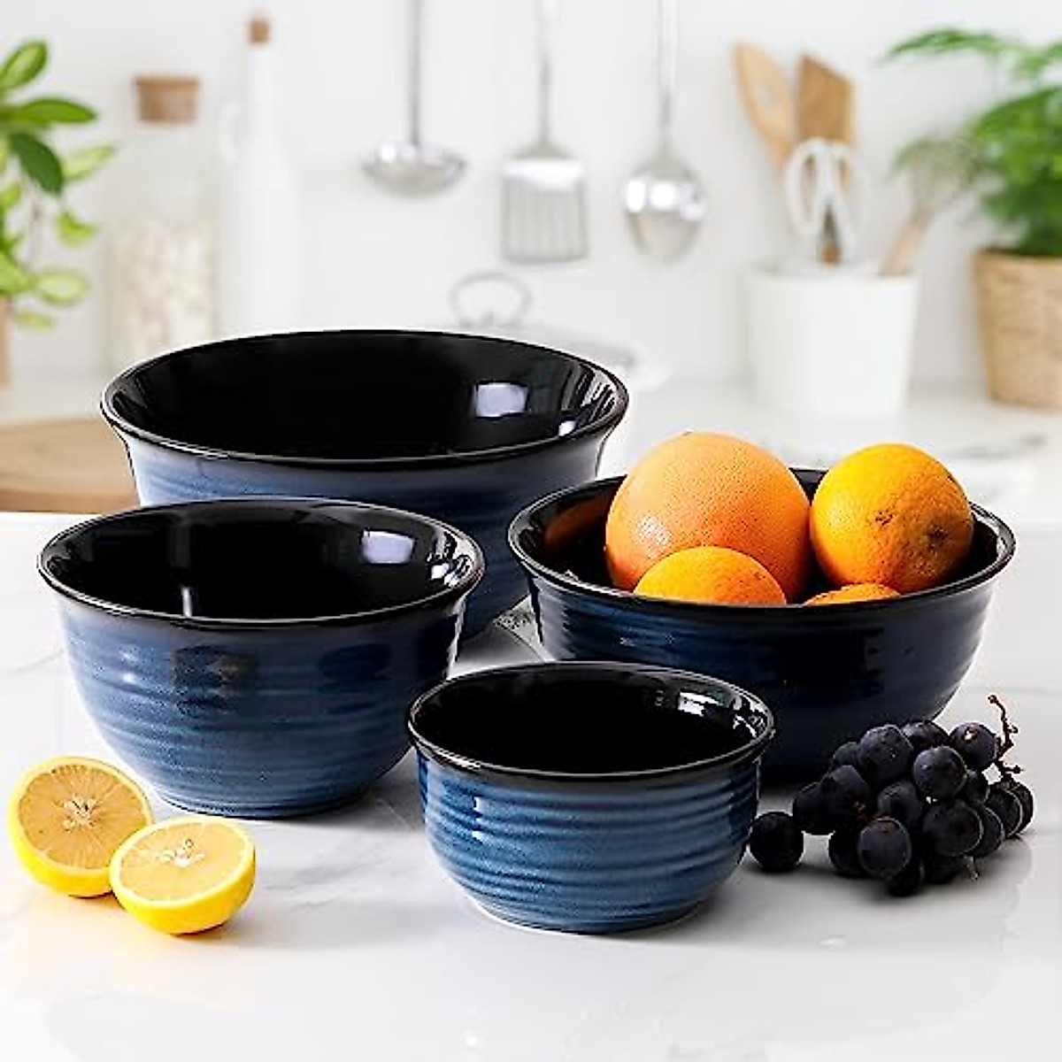 Hasense Ceramic Mixing Bowls Set, 20+40+65+84 Oz - 4PCS and Porcelain Salt and Pepper Shakers - 2PCS, Navy Blue