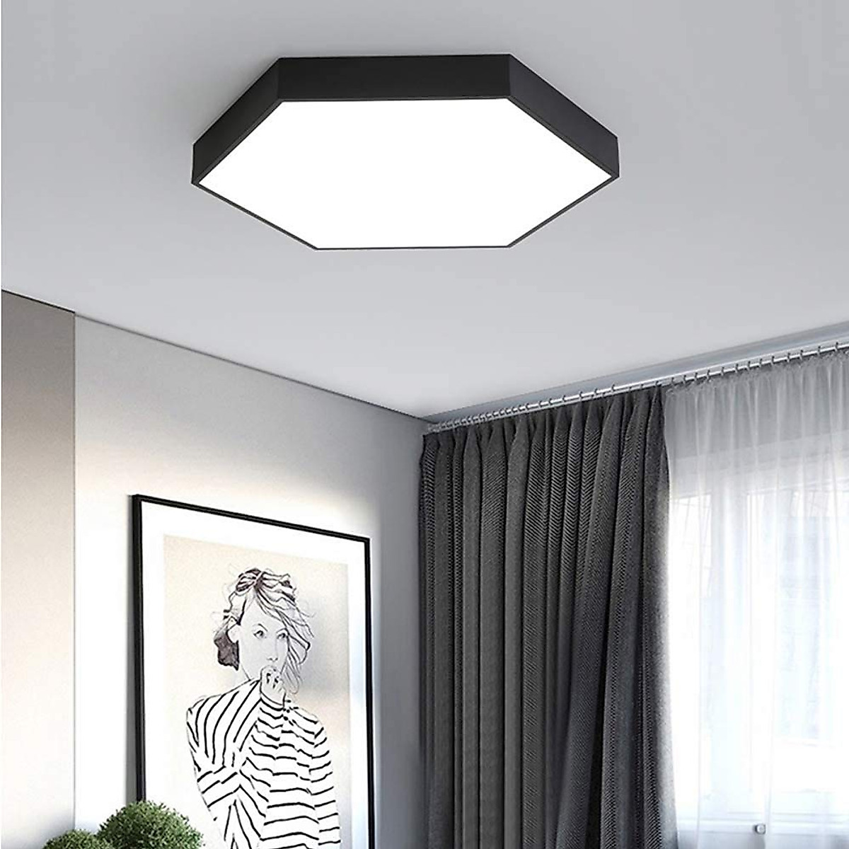 Black LED Ceiling Light Fixture Flush Mount With Remote Dimmable Ceiling Lamp Hexagon Metal Ceiling Lamp For Living Room Bedroom Dining Room Kitchen-Black tricolor light change 50cm
