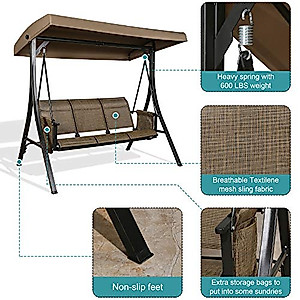 Iwicker Patio 3-Seater Porch Hammock Swing Chair Outdoor Swing Glider Bench with Stand, Textilene Mesh Sling Seats and Convertible Canopy (Brown)