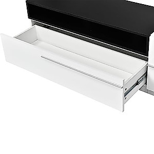 Polibi Modern TV Stand with Wooden Shelves and Silver Handle, High Gloss Media Console Table with Large Drawer and Storage Cabinet, Living Room Entertainment Center for TVs up to 70", White