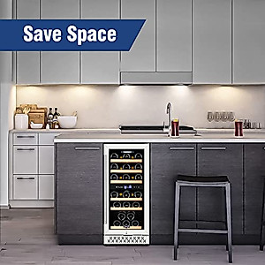 Tylza Mini Fridge 15 Inch Wine Cooler Under Counter, 30 Bottle Dual Zone Wine Fridge with Stainless Steel, Wine Refrigerator Freestanding, and Built-in Wine Cellars