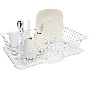 Sweet Home Collection Metal, Plasic 3 Piece Dish Drainer Rack Set with Drying Board and Utensil Holder, 12" x 19" x 5", White