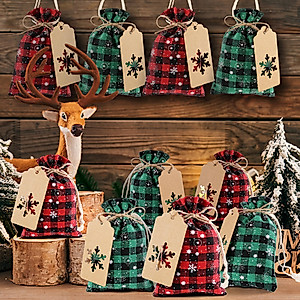 GlyinnHe 36PCS Christmas Drawstring Bag Buffalo Plaid Xmas Burlap Bag with Snowflake Bulk Jute Gift Goody Treat Bags with Kraft Tag for Xmas Holiday New Year Party Favors Supplies