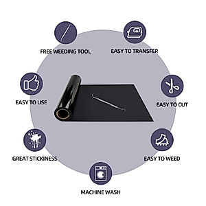 YRYM Heat Transfer Vinyl Black HTV Vinyl Roll - 12" x 18ft Black Iron on Vinyl for Cutting Machines, Black Heat Transfer Vinyl Easy to Cut & Weed, Black HTV Vinyl Roll for Heat Press Vinyl Design