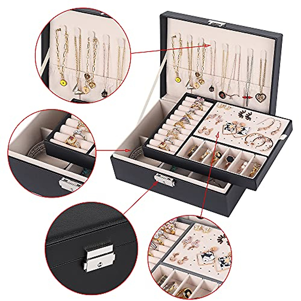 Jewelry Box for Women: Leather with Lock 2 Layer Portable Jewelry Organizer and Box Storage Case Necklaces Bracelets Rings Earring Holder Black