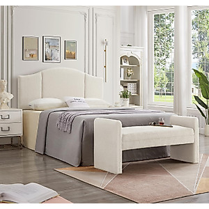 24KF Modern Boucle Teddy Lovely Bench, Upholstered Bed Bench Entryway Bench Ottoman with Armrest -Dark Gray