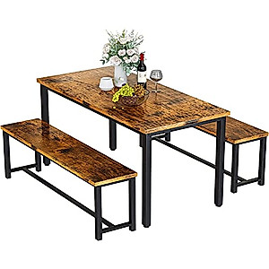 Recaceik Dining Table Set for 4, Kitchen Table Set with 2 Benches, 3 Piece Dining Room Table Set, Modern Wood Kitchen Table and Chairs for Small Spaces, Kitchen,Dining Room, Restaurant, Rustic Brown