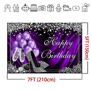 Mocsicka Purple Silver Birthday Backdrop for Women 7x5ft Purple Silver High Heels Balloons Birthday Photography Backdrops Sweet 16 Girl Birthday Party Decorations Photo Background