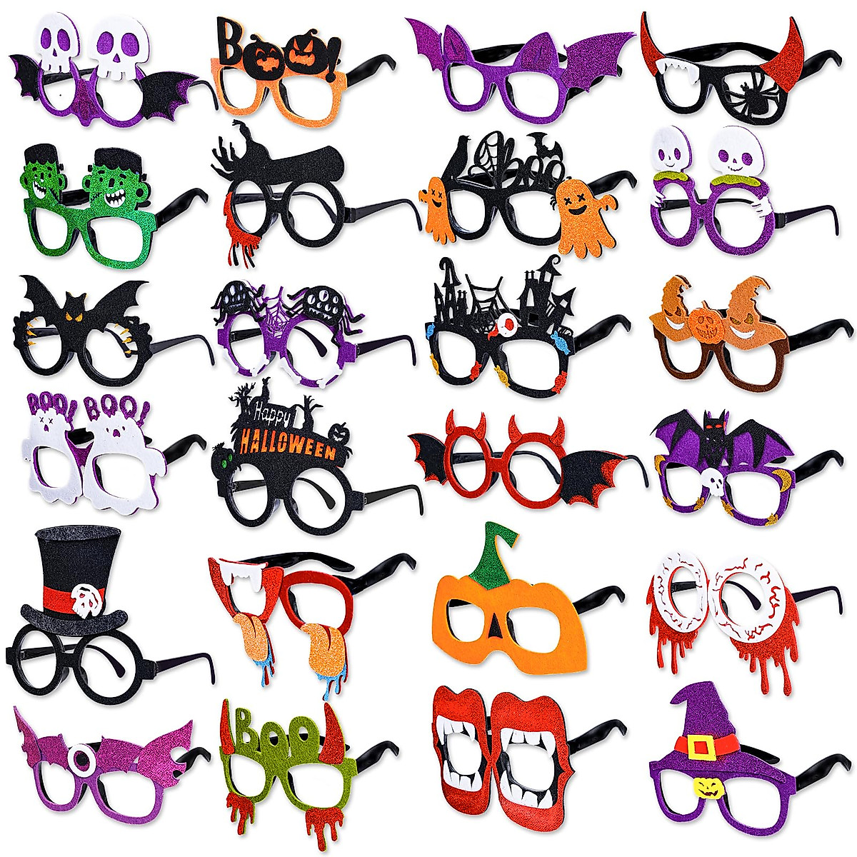 Garma 24 Pcs Halloween Glasses for Kids, Halloween Party Favors Plastic Party Glasses, Glitter Eyeglasses Halloween Photo Booth Props, Halloween Decorations with Pumpkin, Spider, Ghost Novelty Eyewear