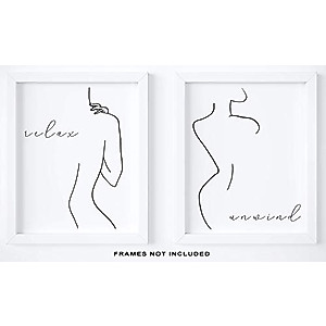 Abstract Minimalist"Relax, Unwind" Wall Decor - Set of 2-8"x10" UNFRAMED Prints - Modern, Minimal, Black And White Line Art - Female Figure Silhouette - Bathroom Wall Decor