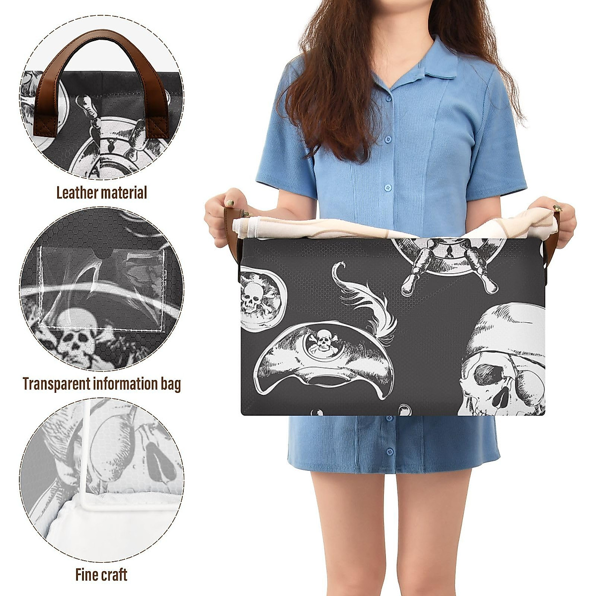 PDZRMY Open Storage Bin Pirate Skull Black Large Foldable Storage Box Storage Basket Organizer Bins with Leather Handles for Shelf Closet Bedroom Living Room Office Home 1 Pack