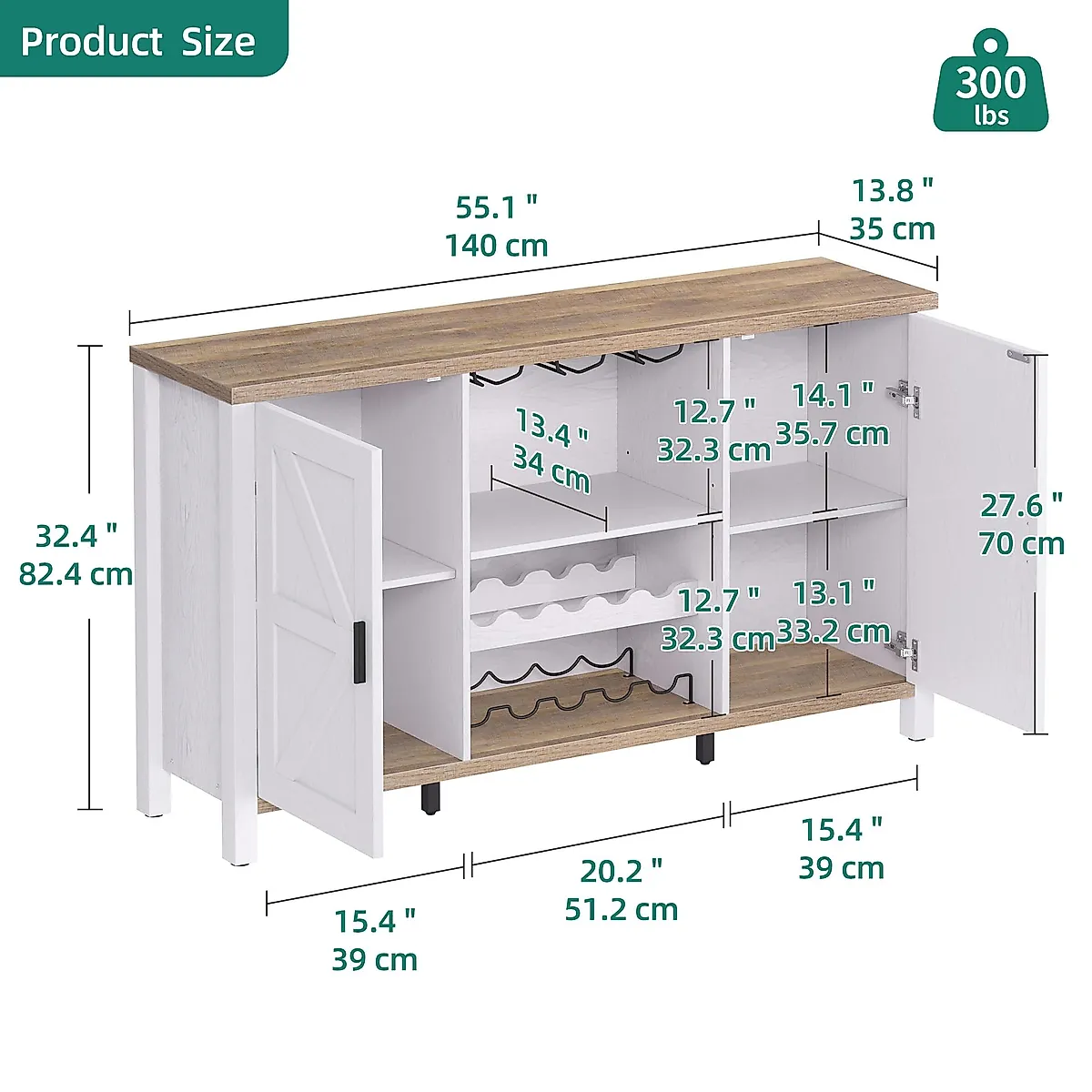 YITAHOME Farmhouse Coffee Bar Cabinet, Barn Doors Liquor Cabinet with Storage, 55'' Sideboard Buffet Kitchen Storage Cabinet with Wine Racks and Glass Holders for Kitchen, Dining Room, Antique White